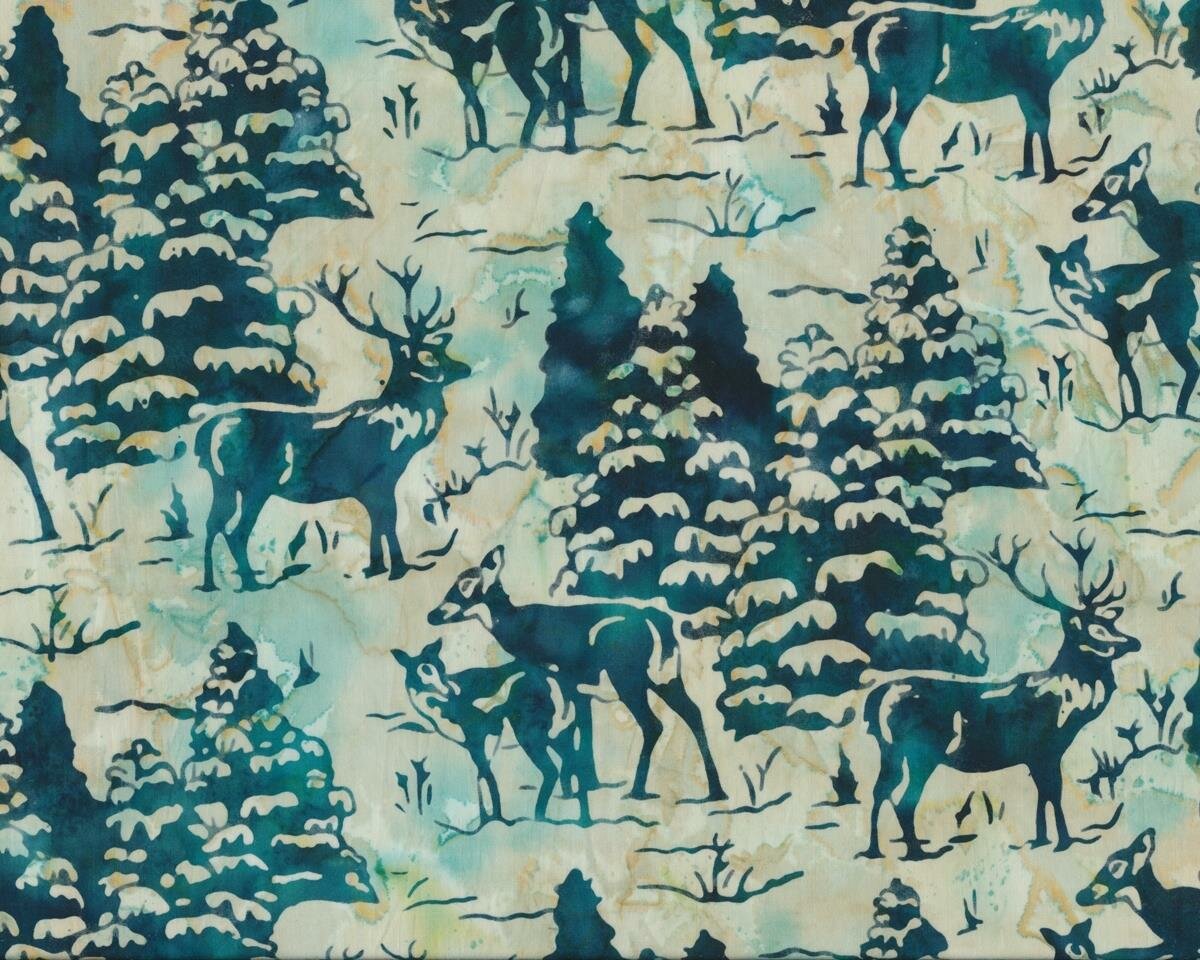 Batik Patchworkstoff BALI WATERFALLS, handgefärbt, Hirsch im Winterwa ...