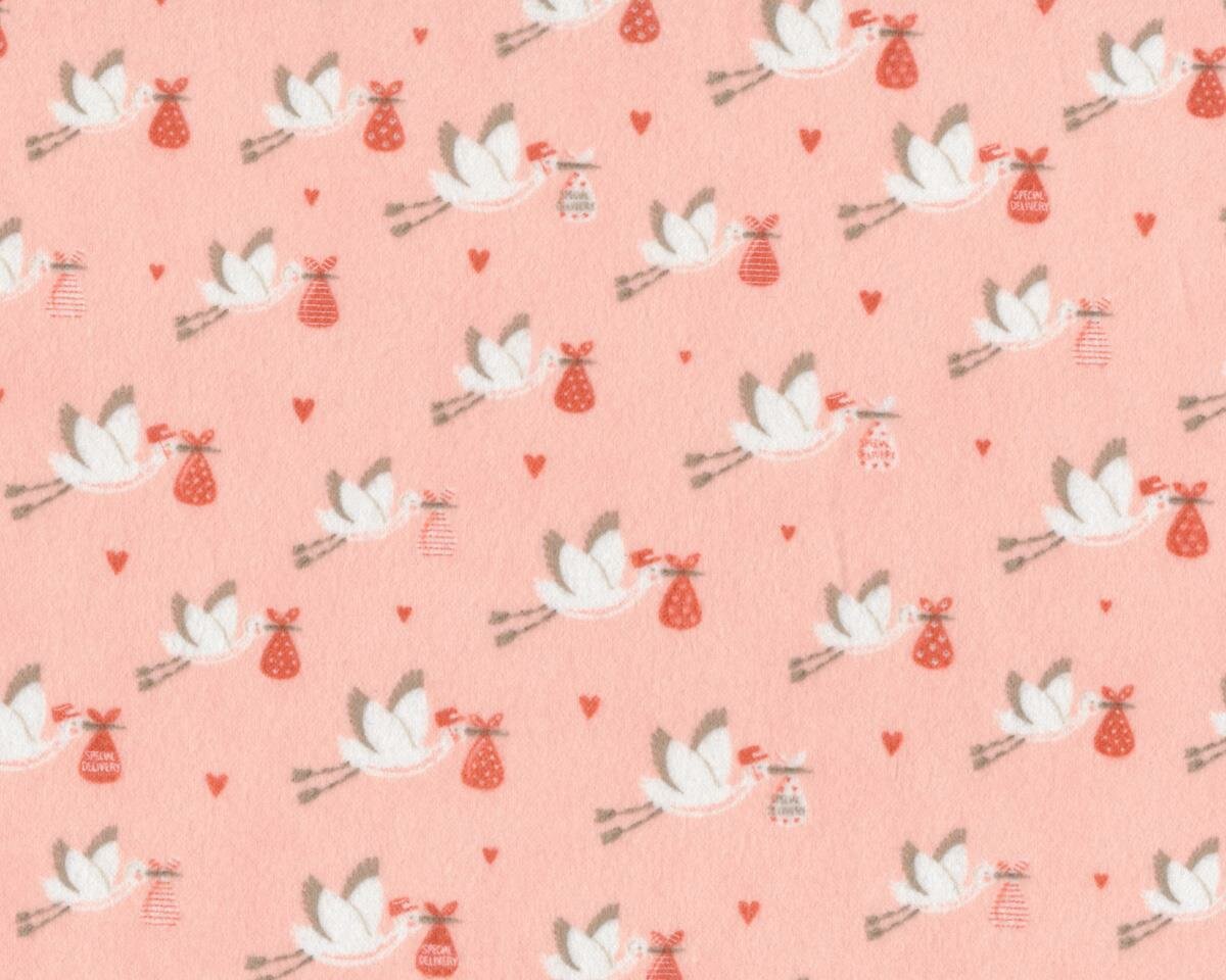 Baumwollflanell SWEET BABY, Storch mit Gepäck, helles lachsrosa-weiß ...