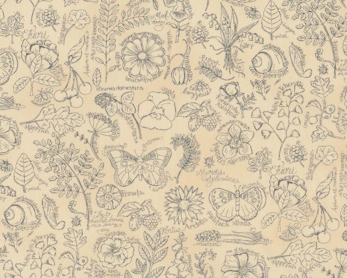 Patchworkstoff GARDEN NOTES, Flora und Fauna, hellbeige-anthrazit, Mo ...