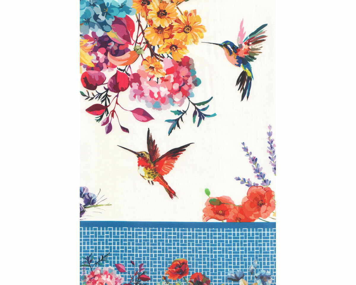 90-cm-PanelPatchworkstoff HUMMINGBIRD LANE, Blumen und Kolibris, In T ...