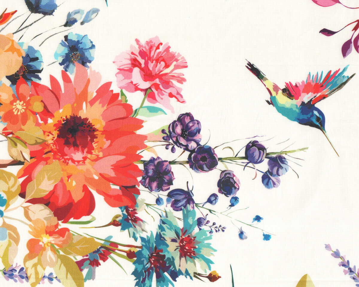 90-cm-PanelPatchworkstoff HUMMINGBIRD LANE, Blumen und Kolibris, In T ...