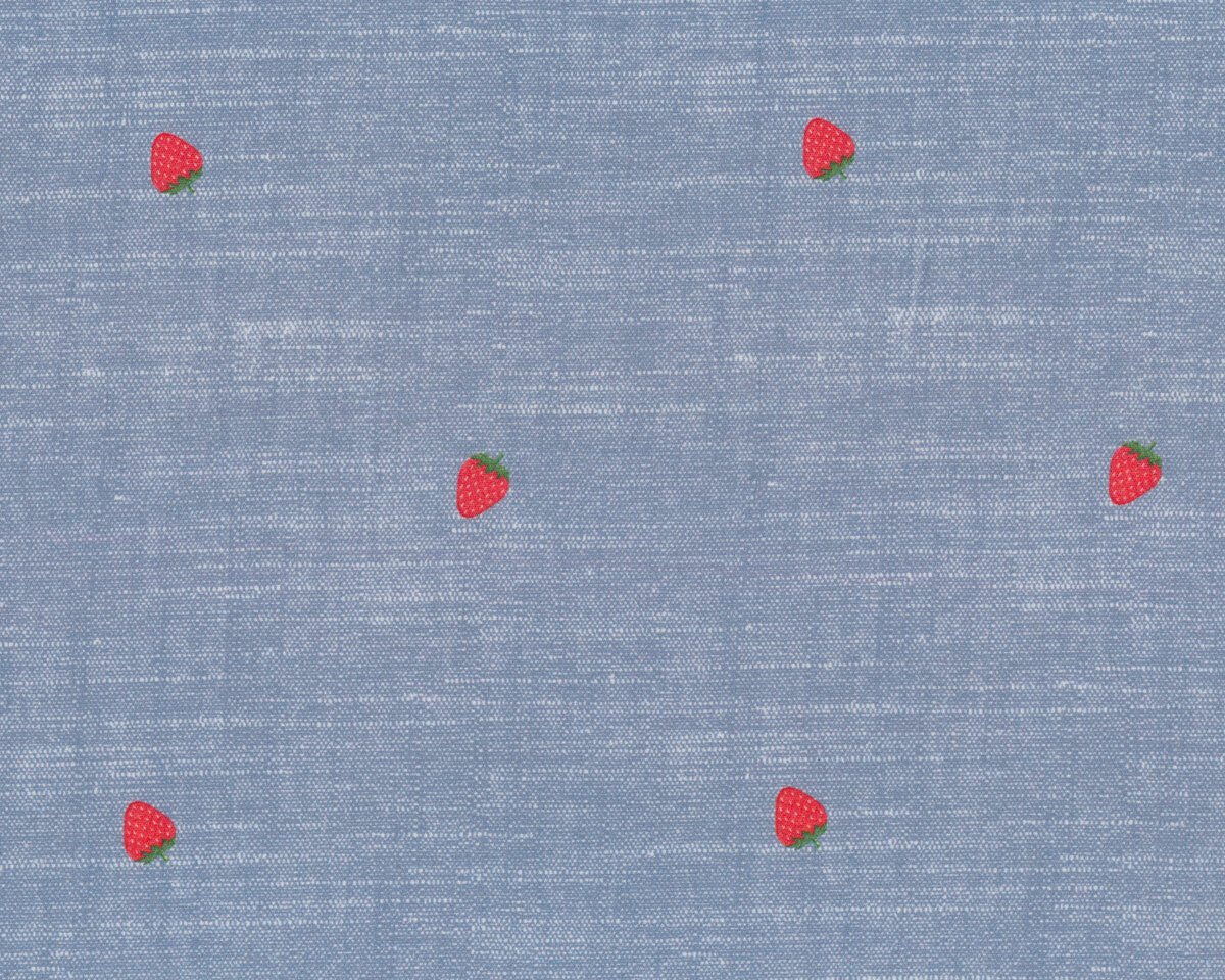 Baumwollstoff MINI BLUE in Chambray-Optik, Erdbeeren, helles jeansbla ...