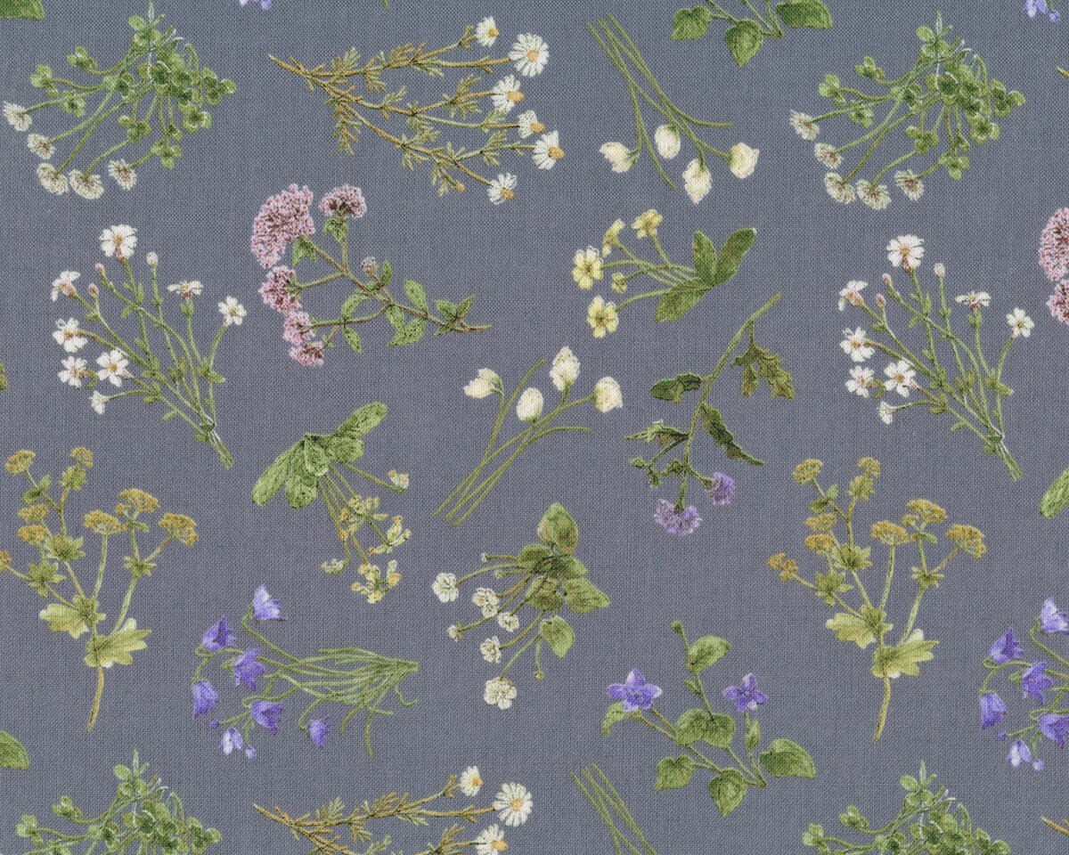 Patchworkstoff MIDSUMMER, kleine Wiesenblumen, steingrau, Windham Fab ...