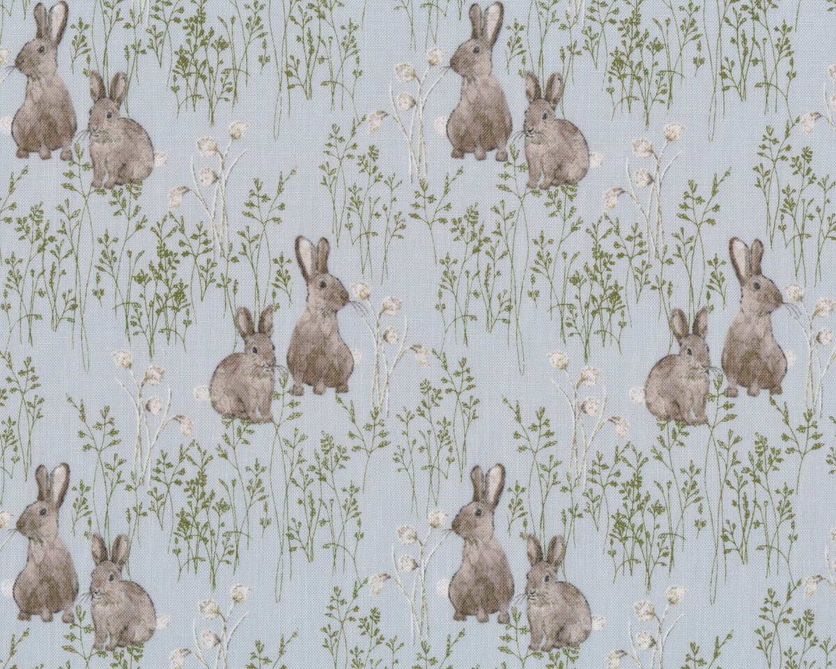 Patchworkstoff MIDSUMMER, Hasen auf Wiese, hellblau, Windham Fabrics ...